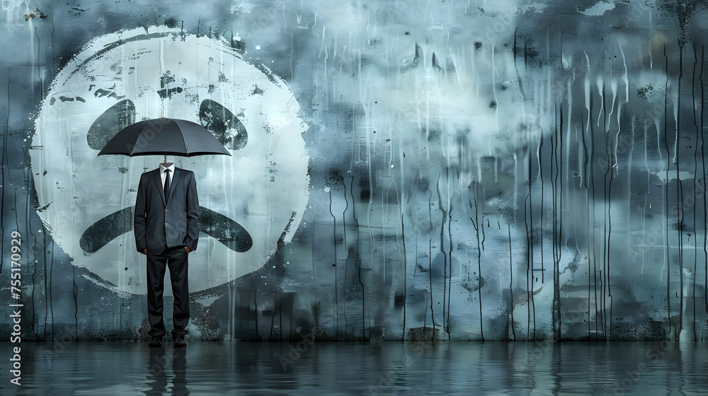 Anonymity in adversity: headless man with umbrella in front of sad ...