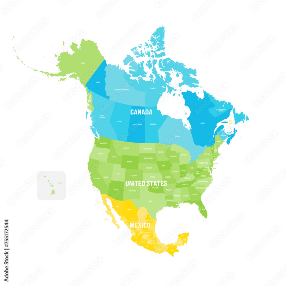 Poster Political map of North American countries Canada, United States ...