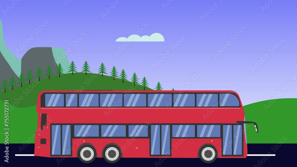 Cartoon Bus running animation, fields and mountain background, seamless ...