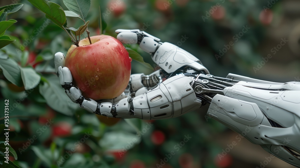 Robot hand future concept technology food science apple, green industry ...