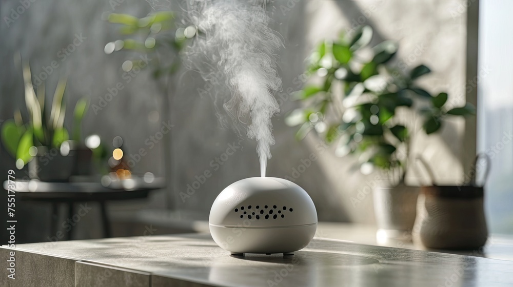 Aroma oil diffuser on table in modern home, steam rising from diffuser ...