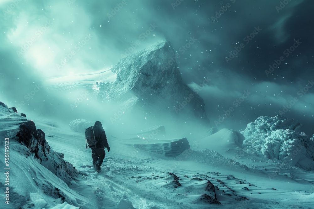 The lost explorer in winter, frozen in time, captured by the blizzard ...