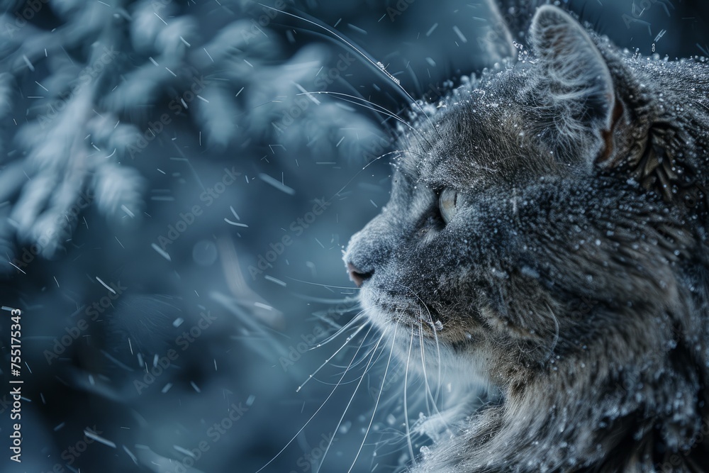 The stray cat in winter, frozen in time, captured by the silver frost ...