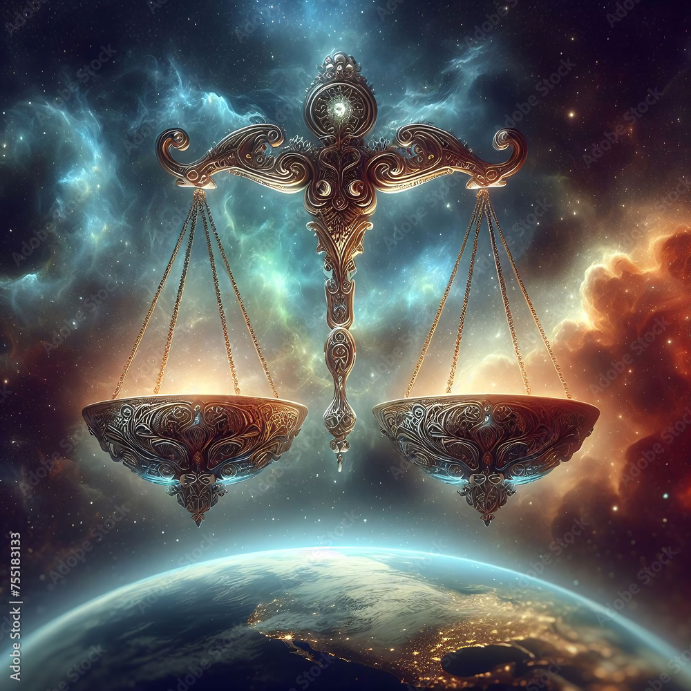 Fantastical cosmic backdrop with ornately designed scales symbolizing ...
