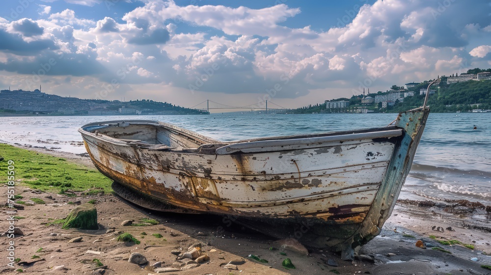 close-up photo of an abandoned rotten wooden ship stranded on the beach ...