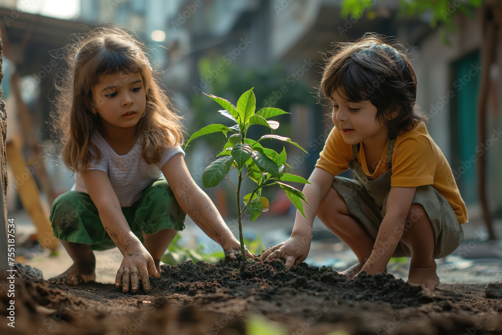 Crianças plantando mudas de árvores. Uso: educação ambiental ...