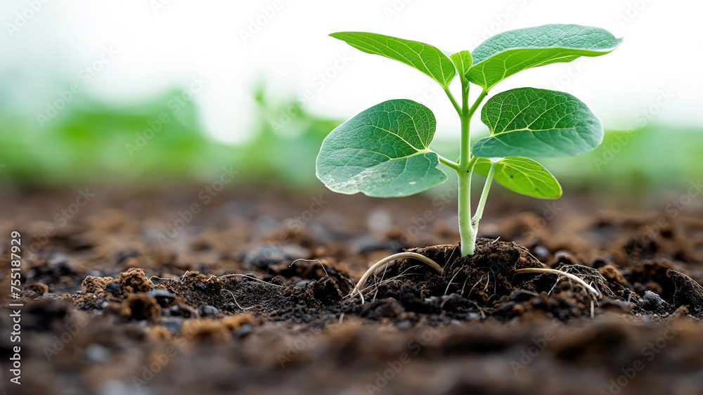 Pequena plantinha mostrando suas raízes crescendo na terra. Uso ...