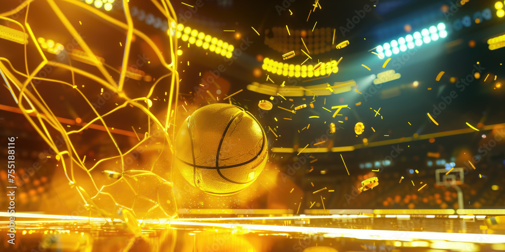 A basketball mid-air on a dynamic and electrifying court, encapsulated ...