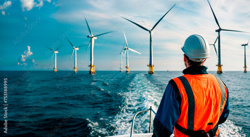 An engineer in safety gear observes an offshore wind farm, symbolizing ...