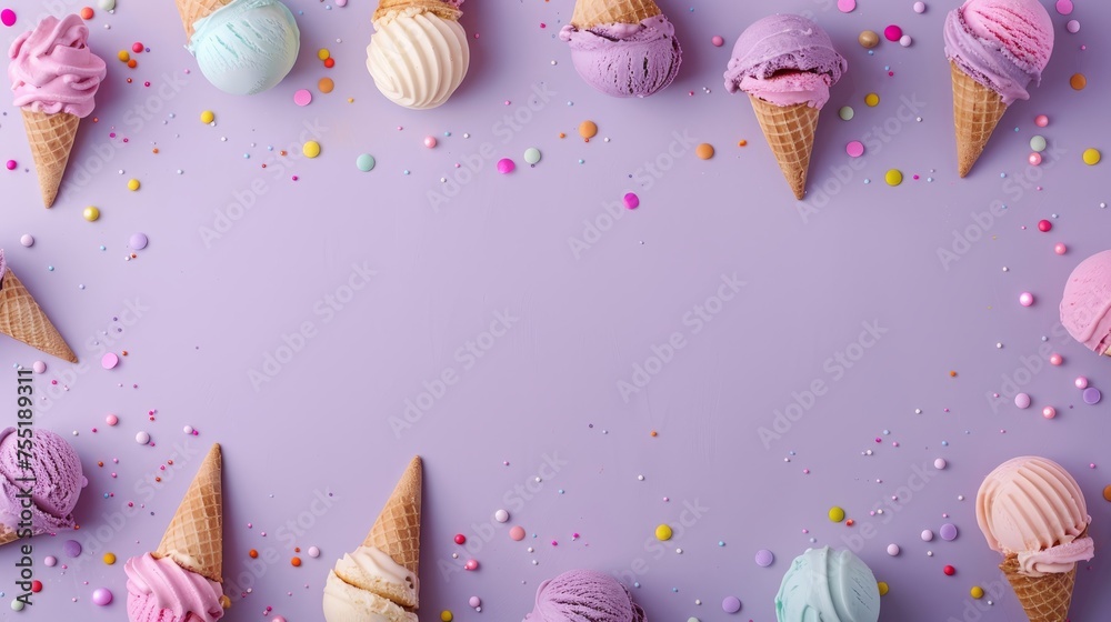 Pastel colored ice cream scoops and cones border on pastel violet ...