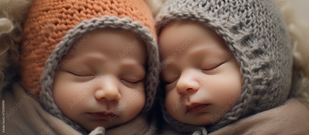 Two newborn babies with knitted caps are peacefully sleeping next to ...