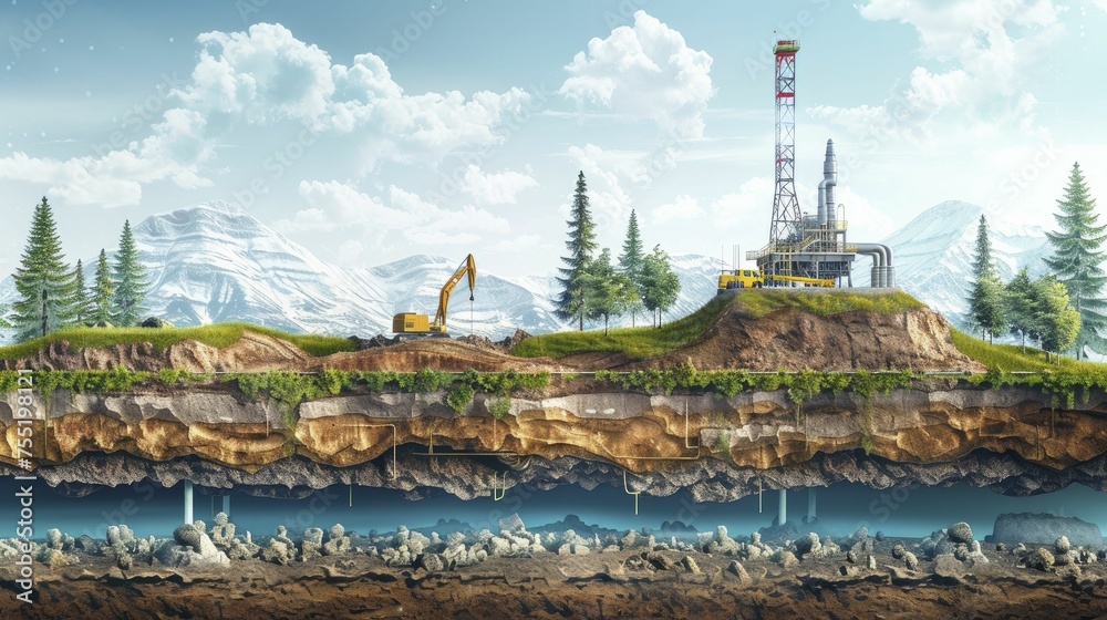 A cross section of the Earth showing natural gas deposits, with ...