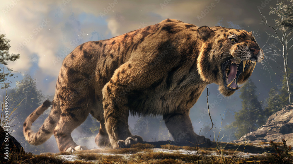 Saber-toothed tiger (lat. Smilodon fatalis) a cat that lived in North America, ai generative ...