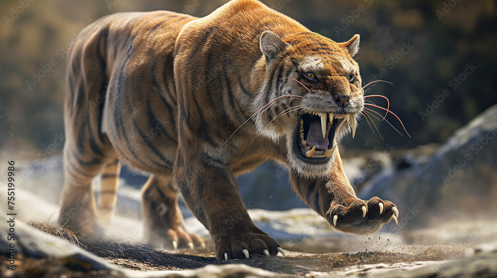 Saber-toothed tiger (lat. Smilodon fatalis) a cat that lived in North ...