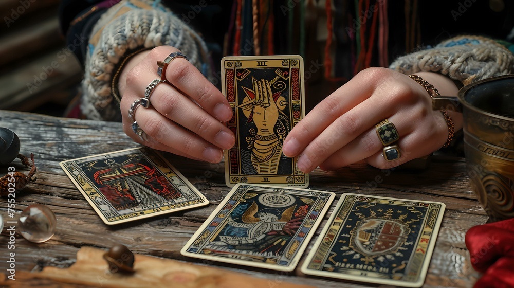 An enigmatic tarot card reading session in dim light. hands reveal the ...