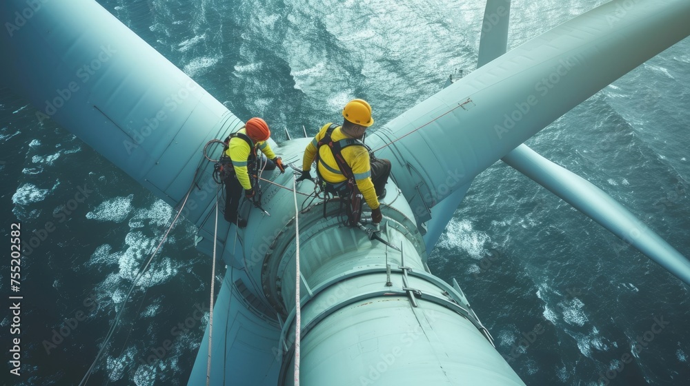 A team is constructing a wind turbine in the ocean, blending water ...