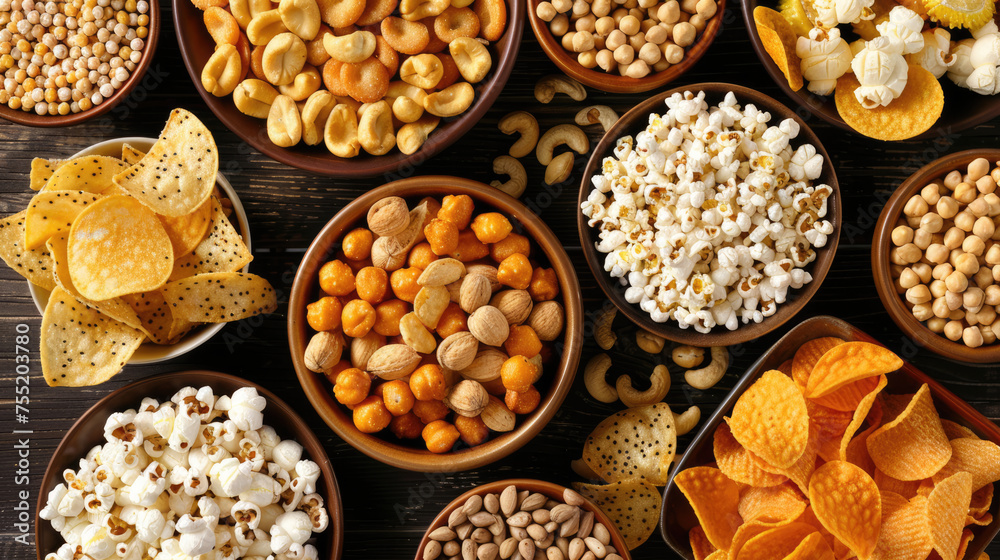 Mix of snacks. Variety of snacks such as nuts, chips and popcorn. Stock ...