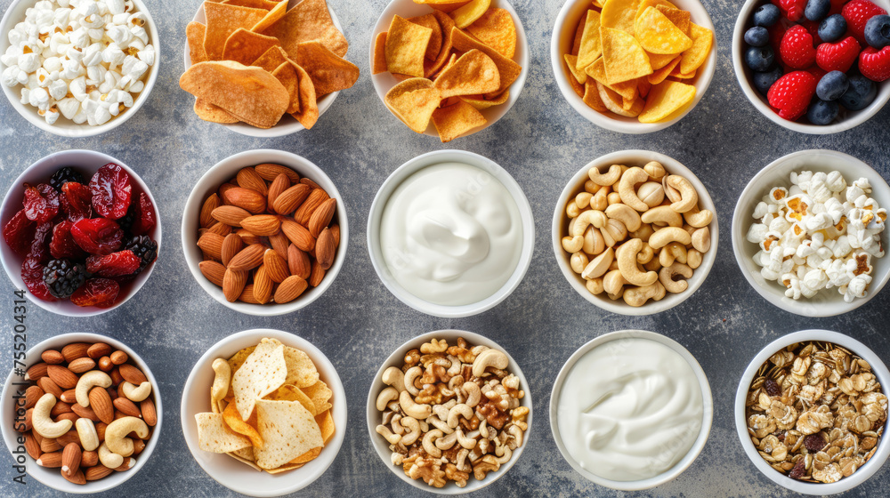 Mix of snacks. Variety of snacks such as nuts, chips and popcorn. Stock ...