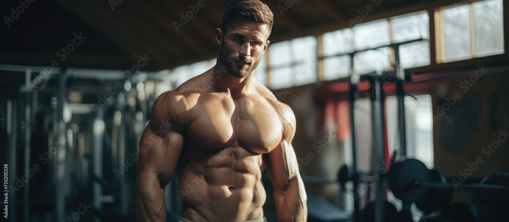 A muscular man is standing shirtless in a gym, showing off his fit ...