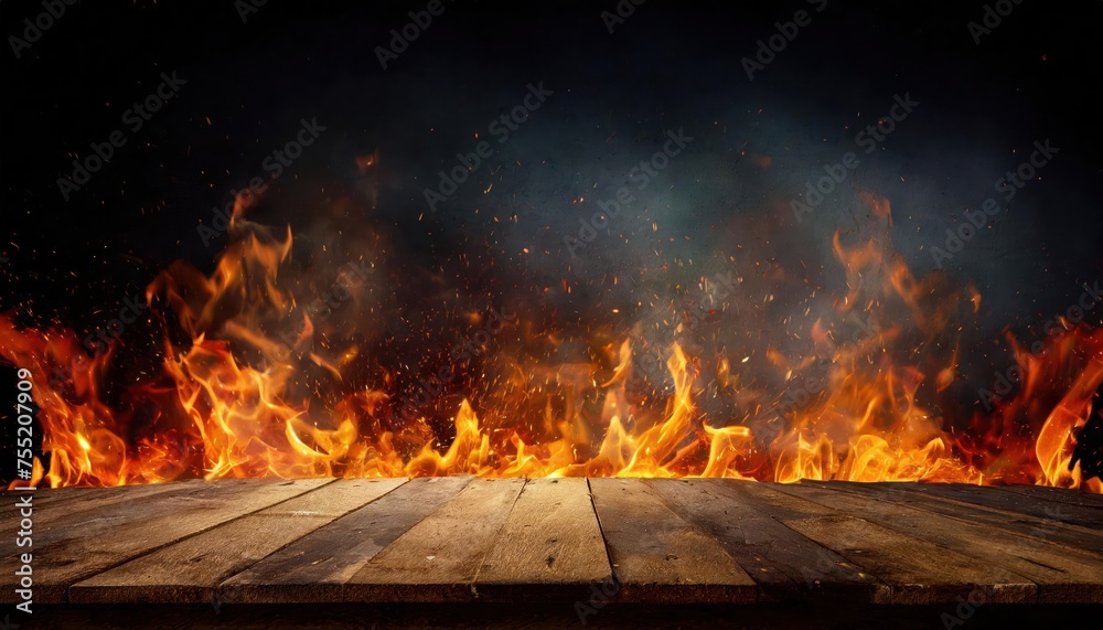 wooden table with Fire burning at the edge of the table, fire particles ...