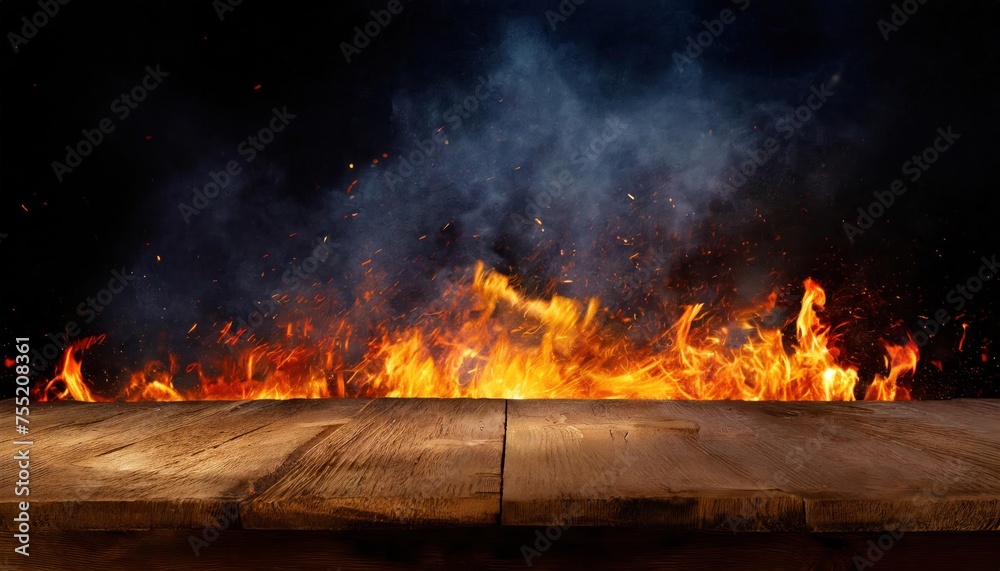 wooden table with Fire burning at the edge of the table, fire particles ...