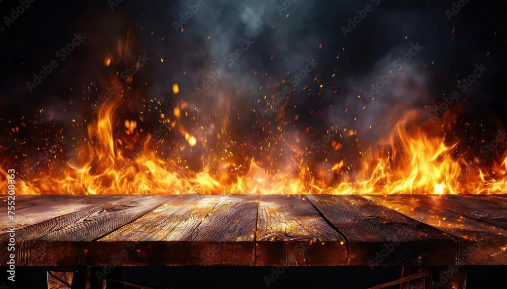 wooden table with Fire burning at the edge of the table, fire particles ...