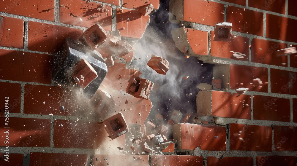 Sledgehammer breaking through a brick wall, depicting demolition or breakthrough concept. Stock ...