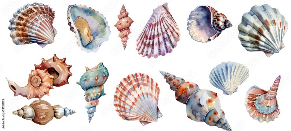 set of watercolor clip art of seashells isolated on white background ...