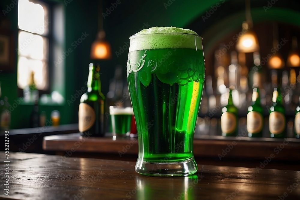 Glasses of Irish stout beer with green moss and clover leaves,exudes an ...