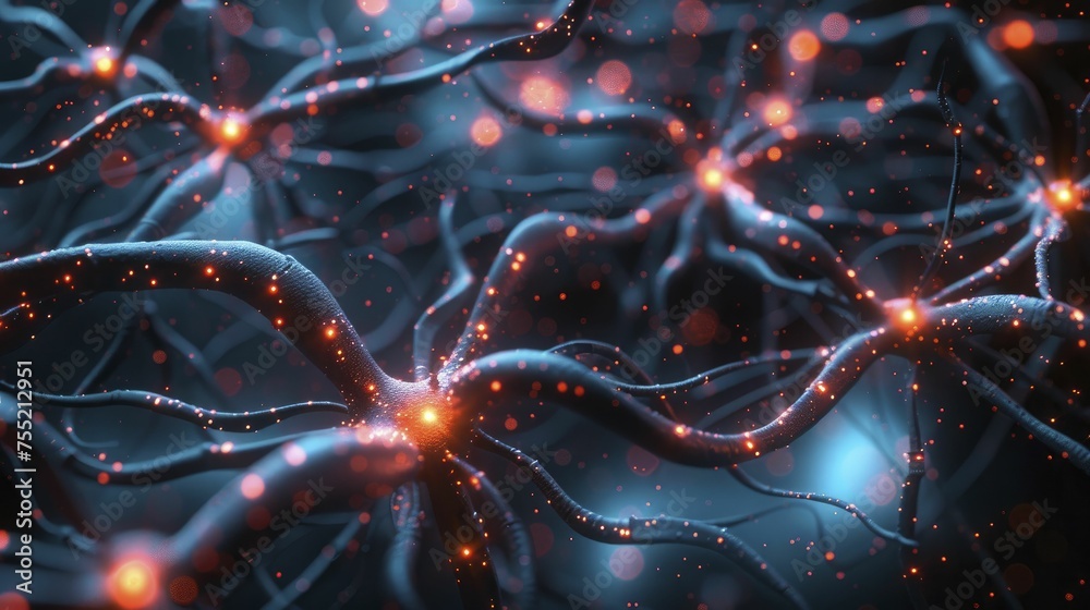 A detailed view of a neural network displays nodes and connections in ...