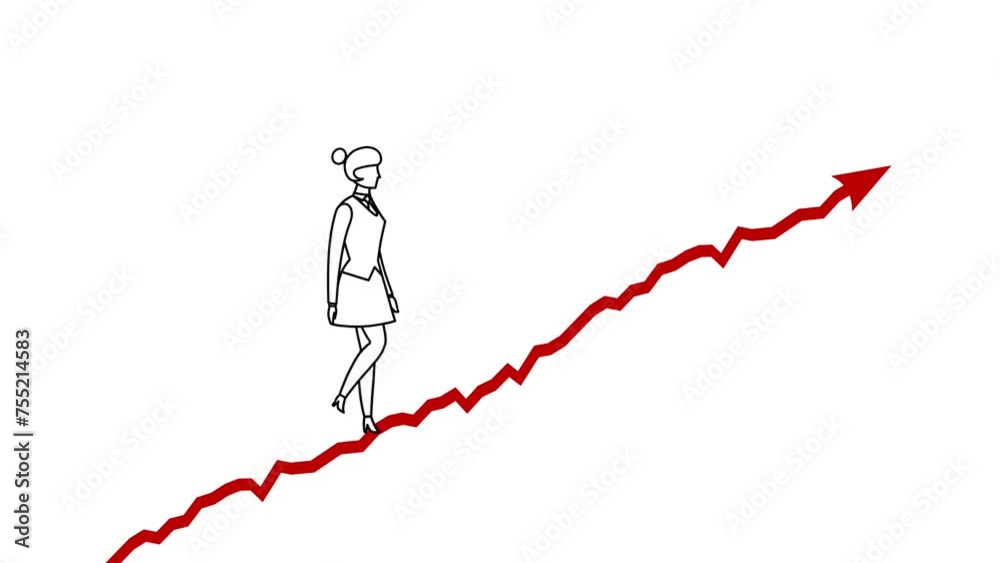 Whiteboard cartoon businesswoman going up red chart graph animation ...