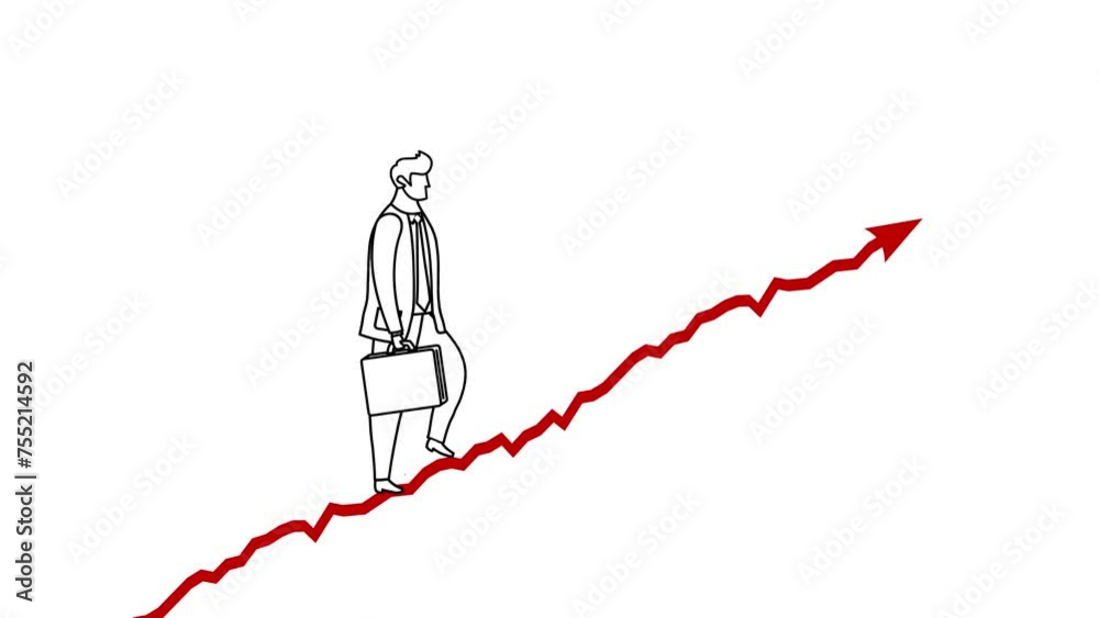 Whiteboard cartoon businessman going up red chart graph animation ...