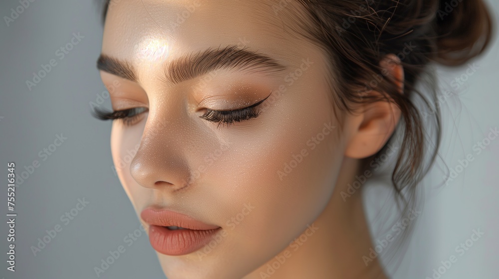 full mink lashes, eyes closed woman with long wavy jet black hair, full ...