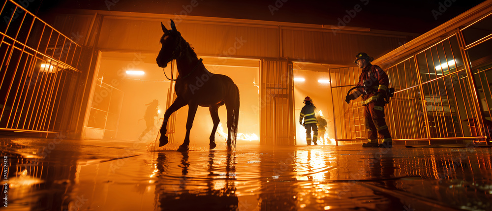 Firefighters rescue a horse from a burning Stables. The horse is ...