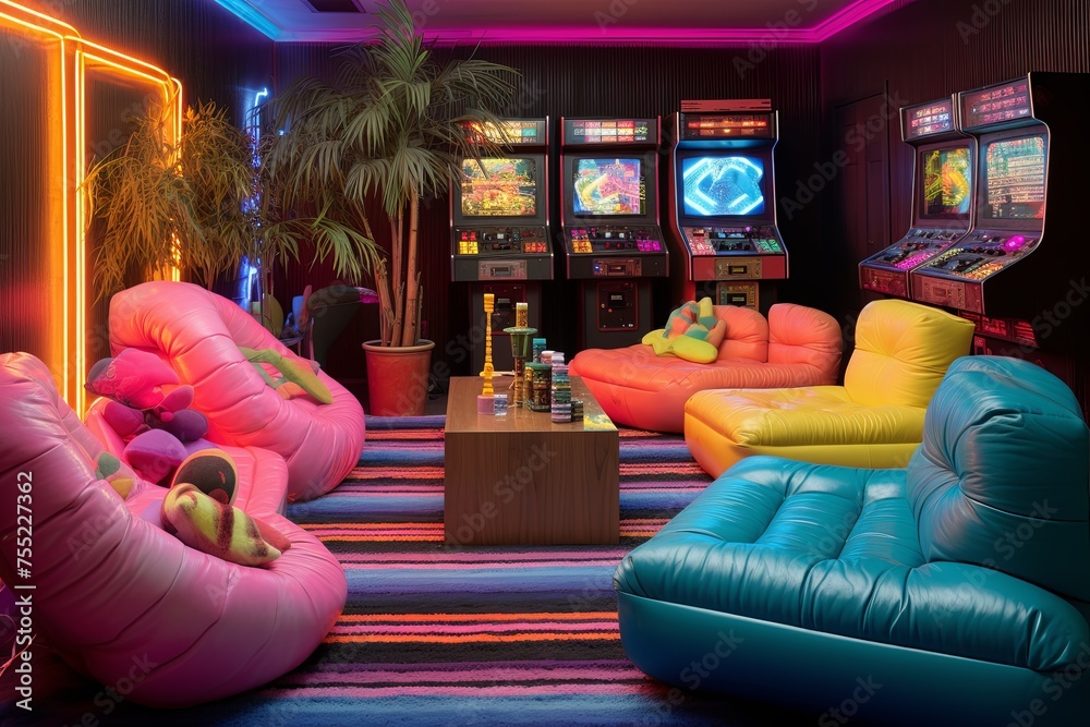 Neon Nightscape: Retro 80s Arcade Living Room Ideas with Vibrant ...