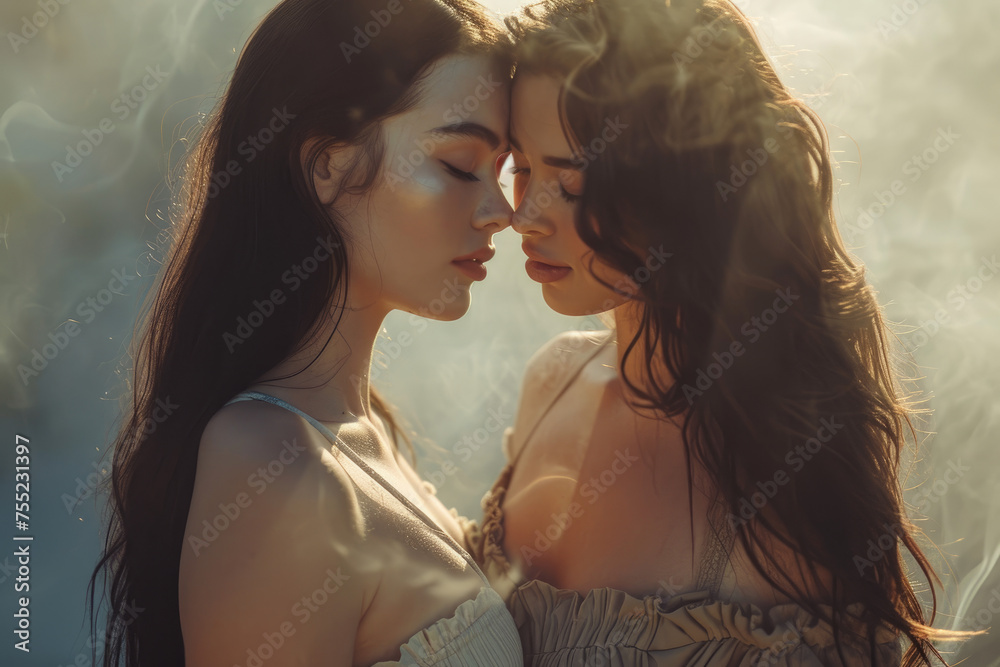 two women sapphic female wlw couple in sensual embrace in magical glowing fairy light setting ...