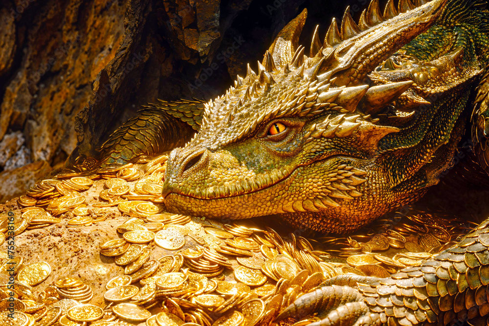 Dragon with a hoard of gold coins, mythology, Beowulf, Fafnir Stock ...