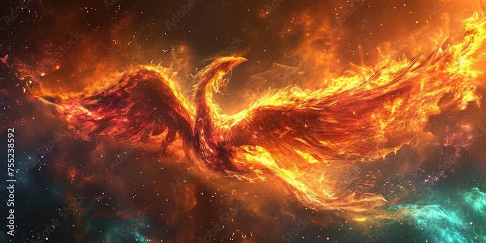 A mythical fire bird with fiery plumage gracefully flies through the ...