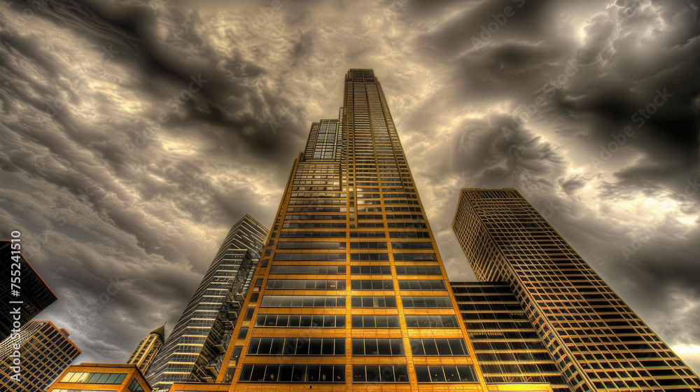 Dramatic sky over towering skyscrapers with golden reflective windows ...