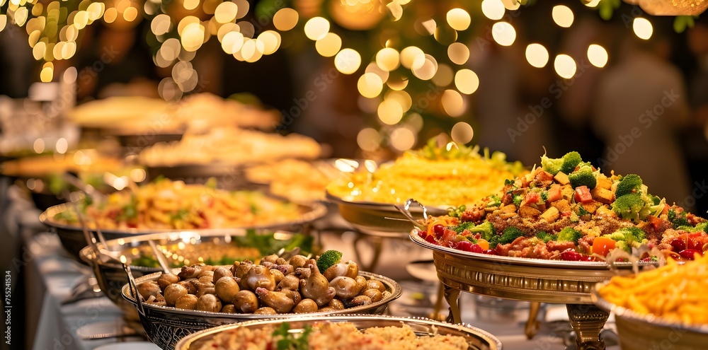 variety of food in metal trays on a buffet, restaurant, hotel ...