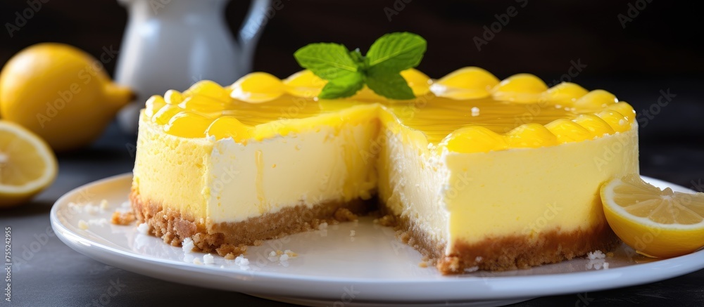 A freshly sliced homemade lemon cheesecake with a slice cut out of it ...