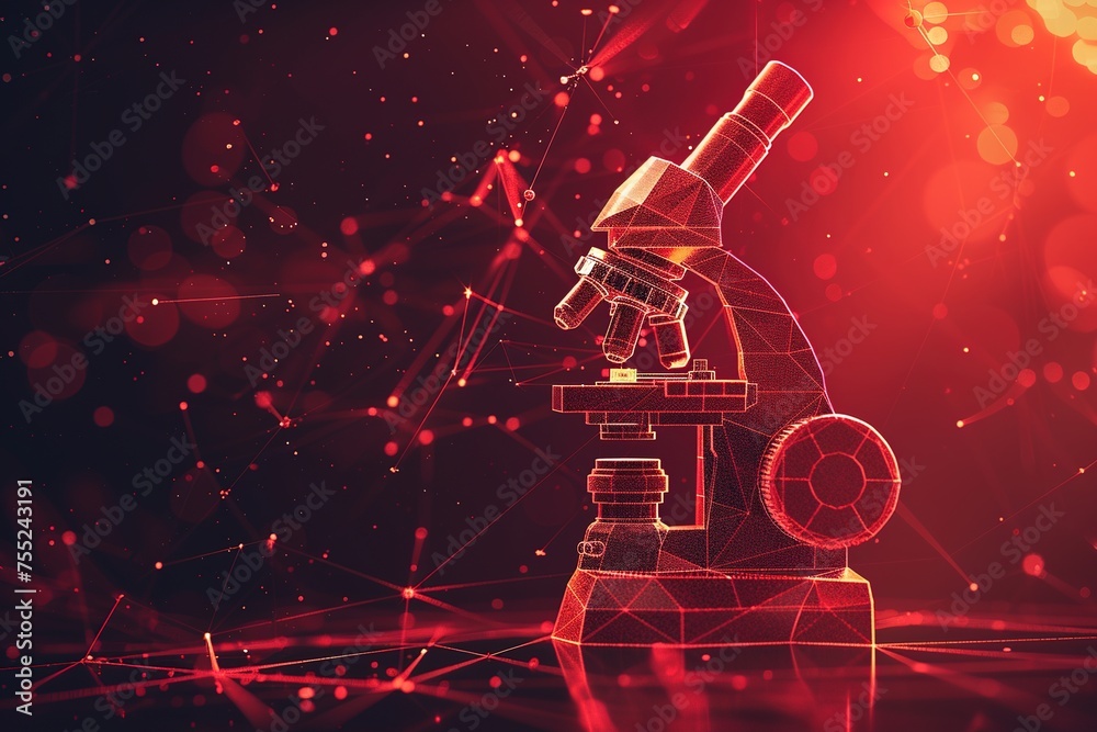 Microscope low poly wireframe on dark red background concept science ...