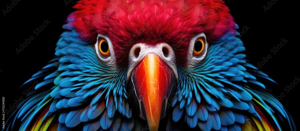 A closeup photo of a vibrant Birds face, showcasing its colorful ...