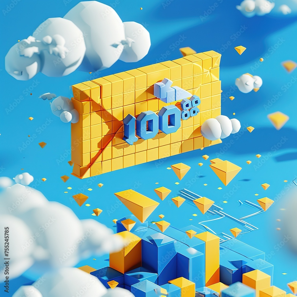 16 bit 3d low poly illustrations of a letter write "100%" floating in ...