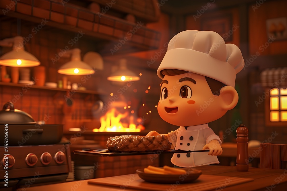 Charming Chef Illustration in Wooden Kitchen with Meat Patty in the ...