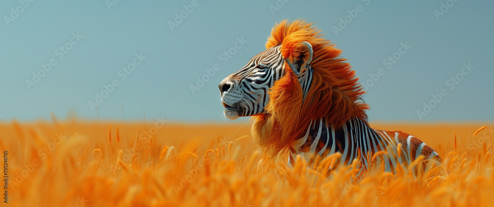 Zebra lion in the field. Lion disguised as a zebra in style of ...