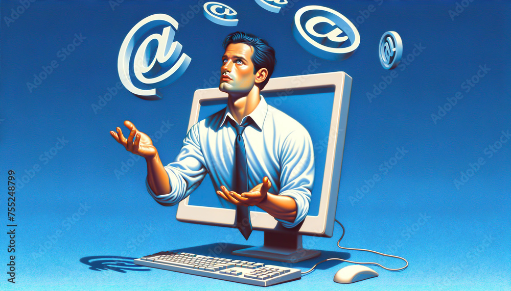 Man coming out of a computer monitor who is juggling icons, symbolizing ...