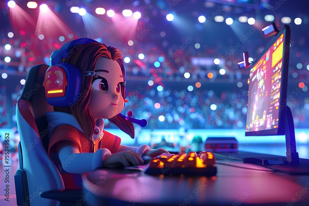 Anime Girl Gaming on High-Tech Computer, To showcase the excitement and ...