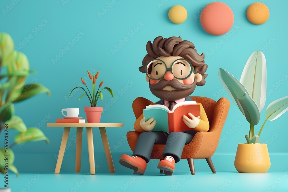 3D TV Series Cartoon Character Reading Book in Office, To showcase a 3D ...
