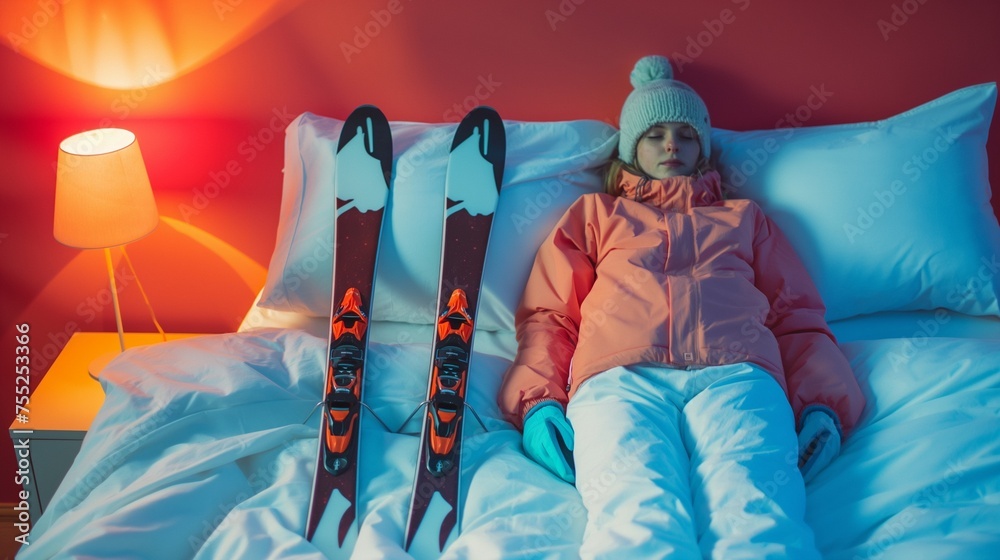Person in bed at night, girl sleeping in ski suit, gloves and woolen ...